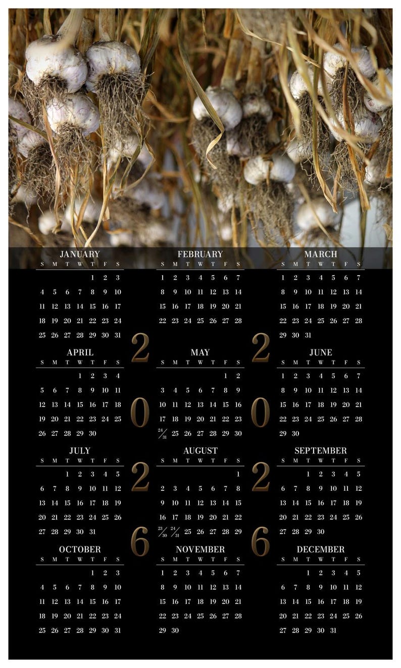 Hanging Garlic • 2026 Year at a Glance Calendar • Yearly Calendar ...