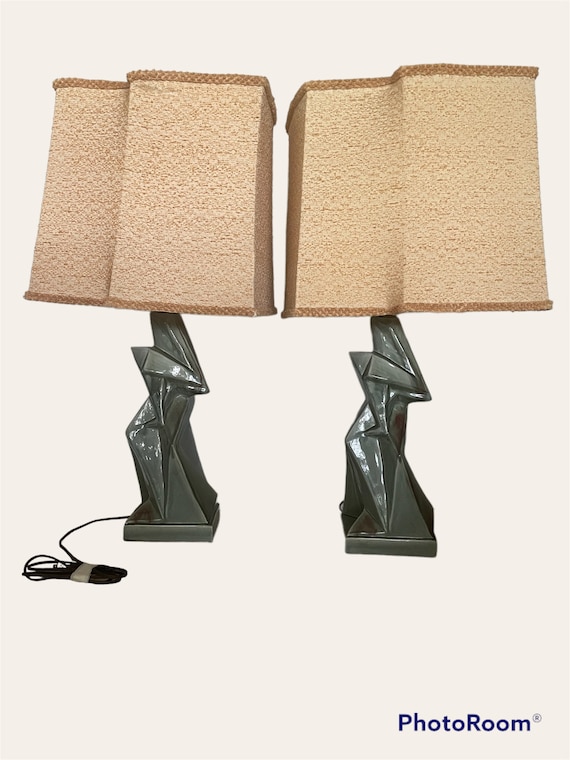 1950s Cubist Green Ceramic Table Lamps Original Shades - Etsy