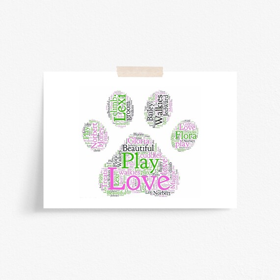Personalised Word Art Print Paw Cat Dog Animal Mum Friend | Etsy