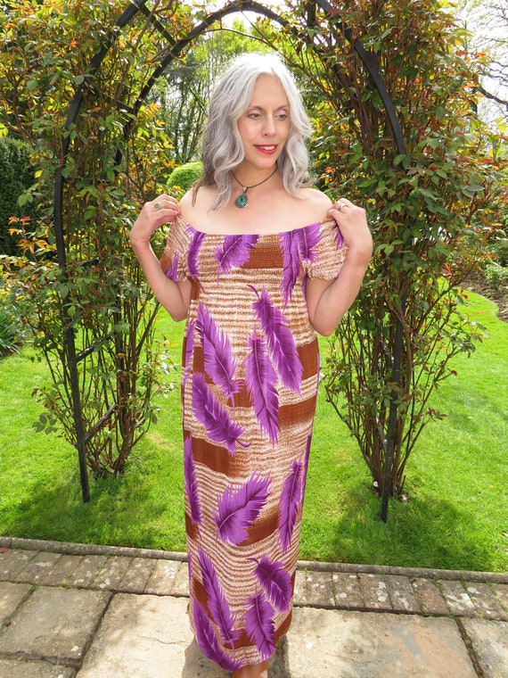 Vintage 1970s Off Shoulder Purple Abstract Feather Pr… - Gem