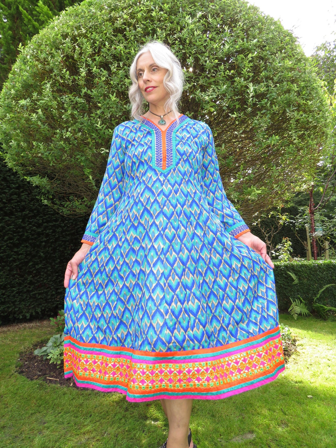 Vintage Aztec Print Indian Cotton Midi Dress With Silk Brocade and ...