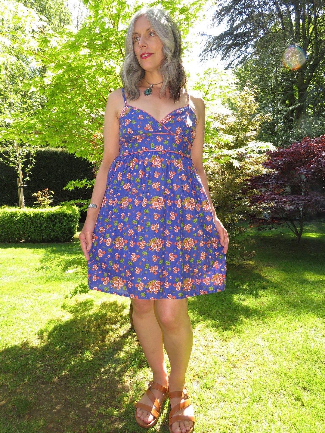 Vintage Blue Floral Cotton Sundress With Cross Over Bodice, Wide Empire ...