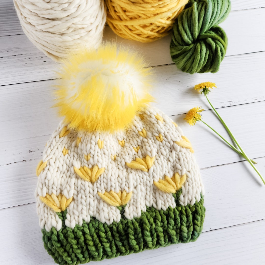 Dandelion Hat Kit -includes Hand Dyed Yarn, Faux Fur Pom, and Knitting ...