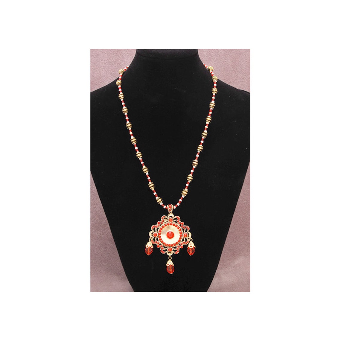 Necklace, Red and Gold, Jeweled , Renaissance, Hand Beaded, Read to ...