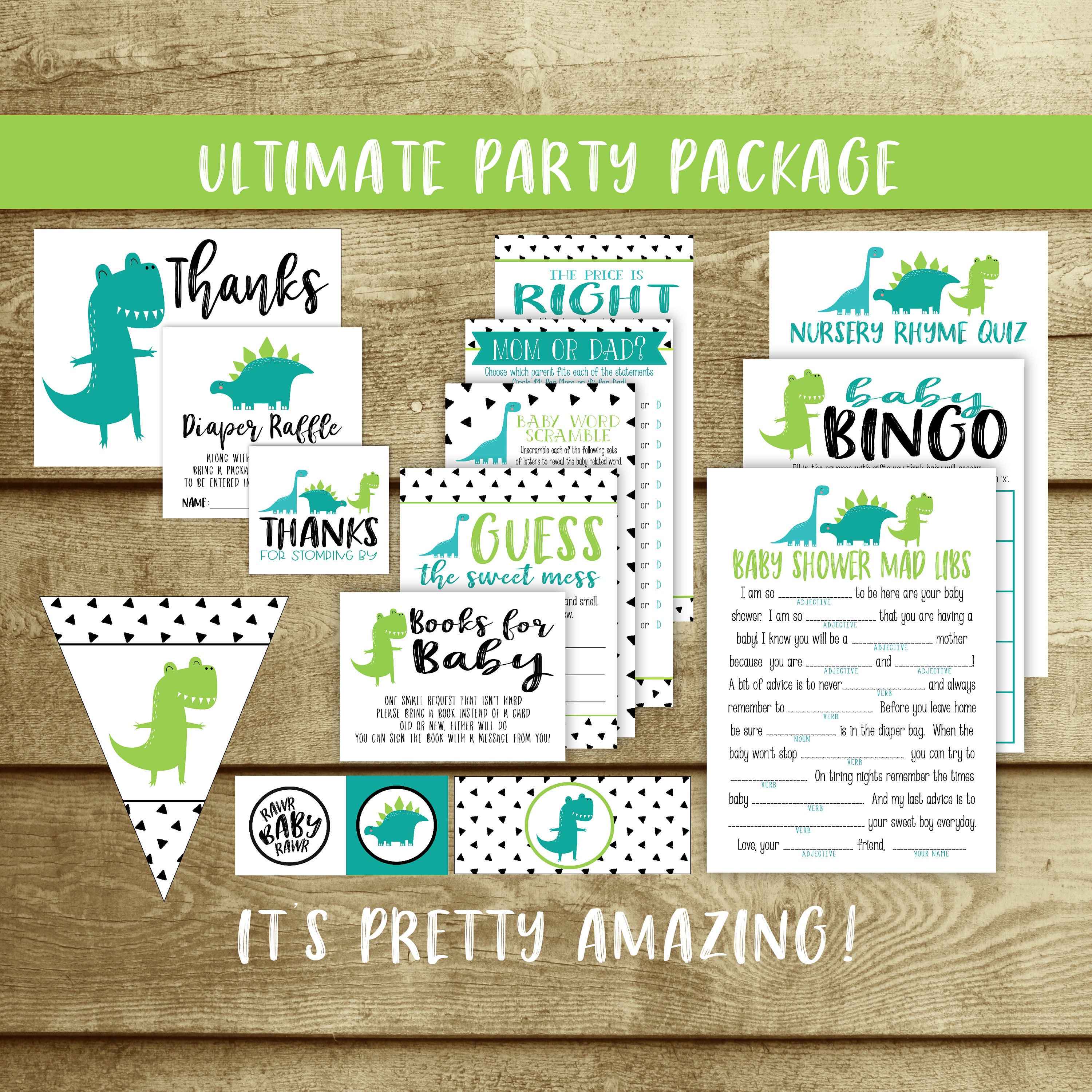 Blue and Green Dinosaur Baby Shower Party Package Girl Party - Etsy