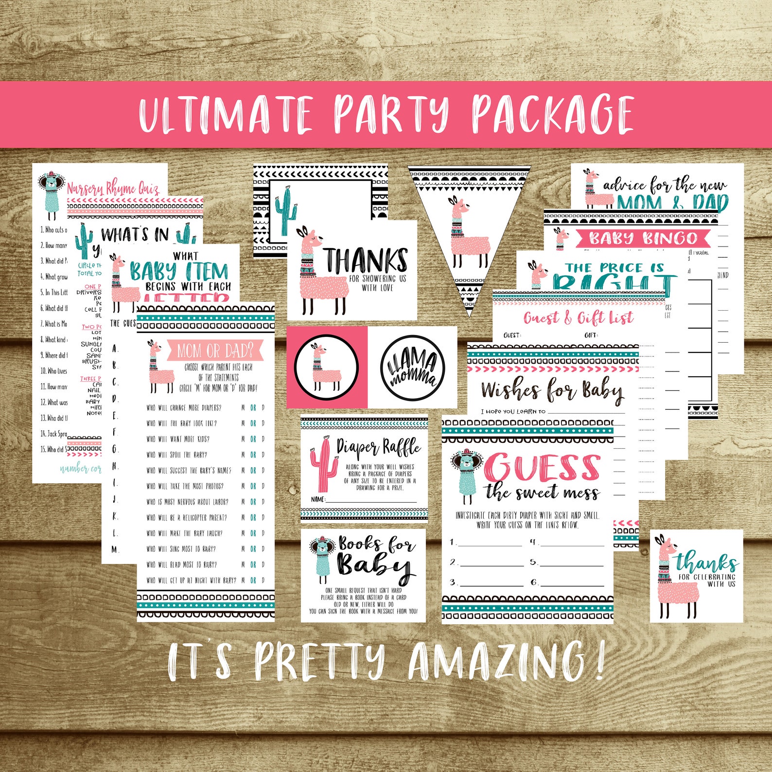 Ultimate GIRL Llama Momma Printable Party Package in Pink and Teal - Etsy