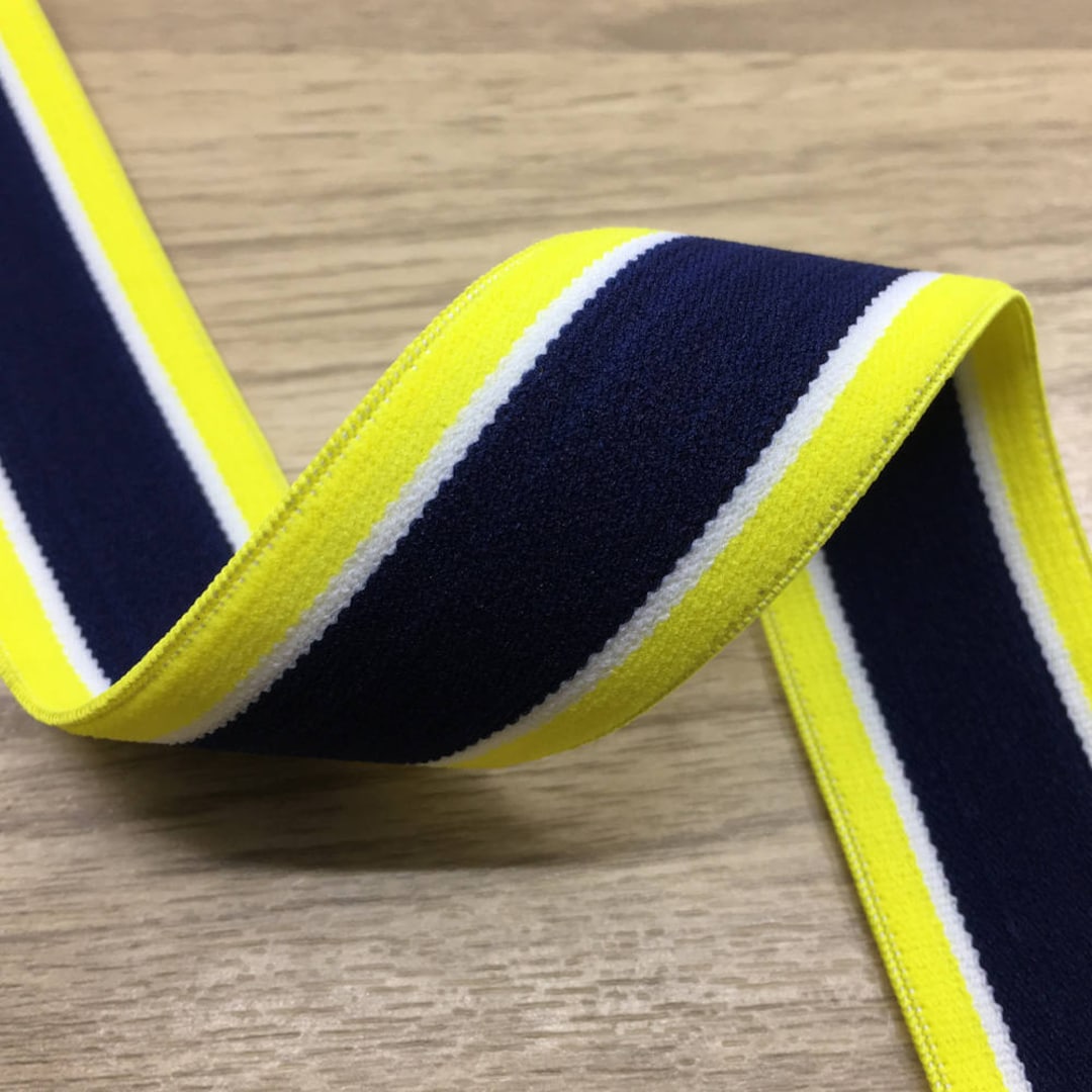 1 3/8 Inch (35mm) Wide Elastic Band, Yellow and Navy Soft Plush Striped ...