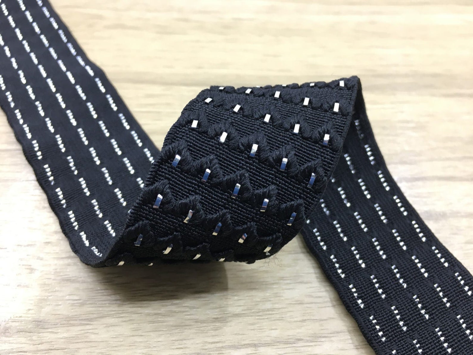 1.5 Inch 38 Mm Wide Elastic Band, Silver Glitter Striped Black Elastic ...