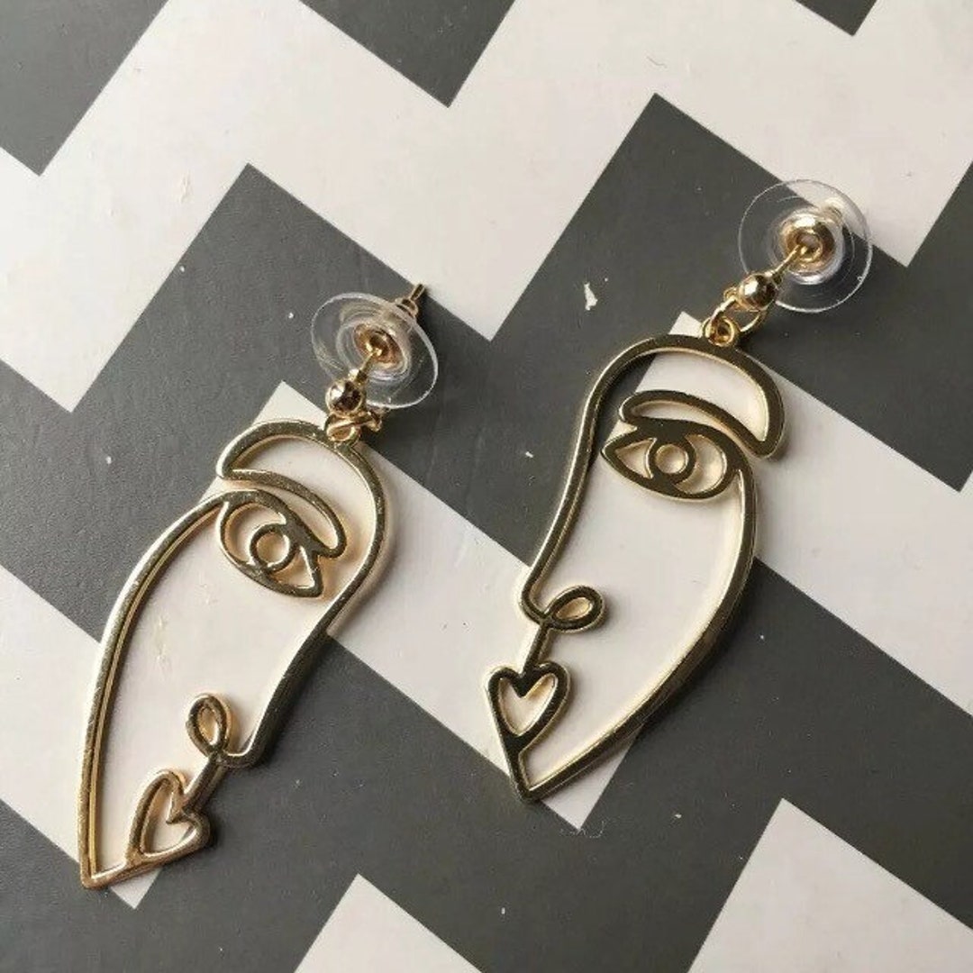 Gold Picasso Face Earrings Dangle Earrings FREE POSTAGE Quirky Gift ...