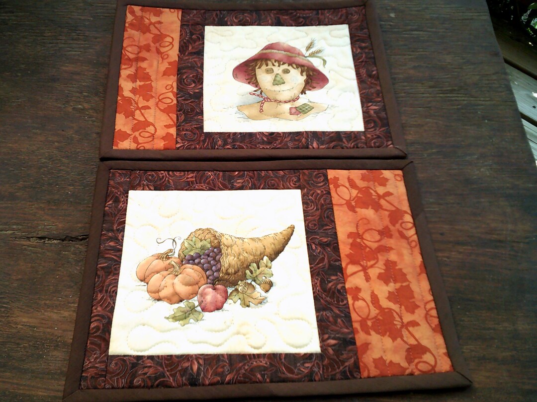 Fall/autumn Mug Rugs, Set of Two, Scarecrow, Cornucopia or Pumpkins ...
