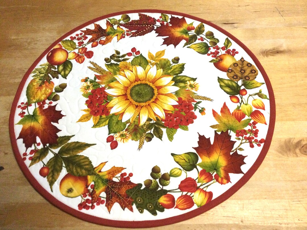 Round Fall Table Center Mat, Sunflower and Fruits, Quilted, Scotchgard ...