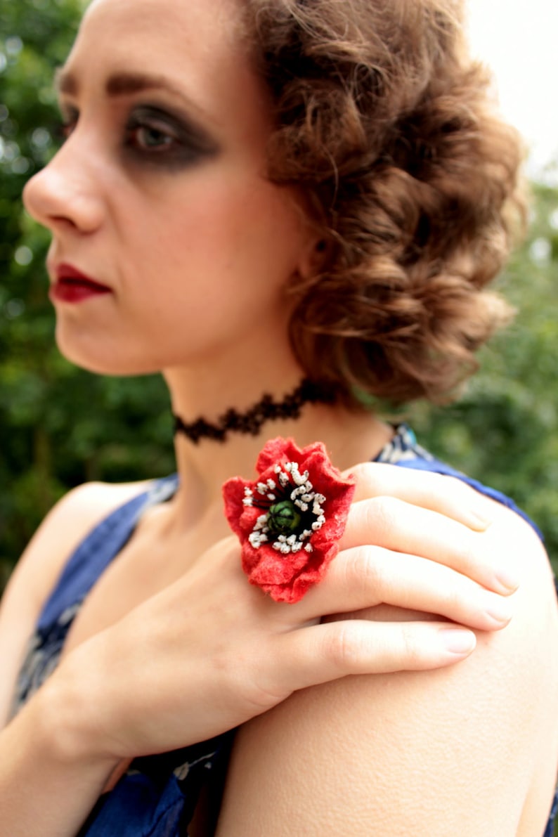 Felt Red Poppy Ring Felted Jewellery Woolen Poppy Hippie Gipsy - Etsy