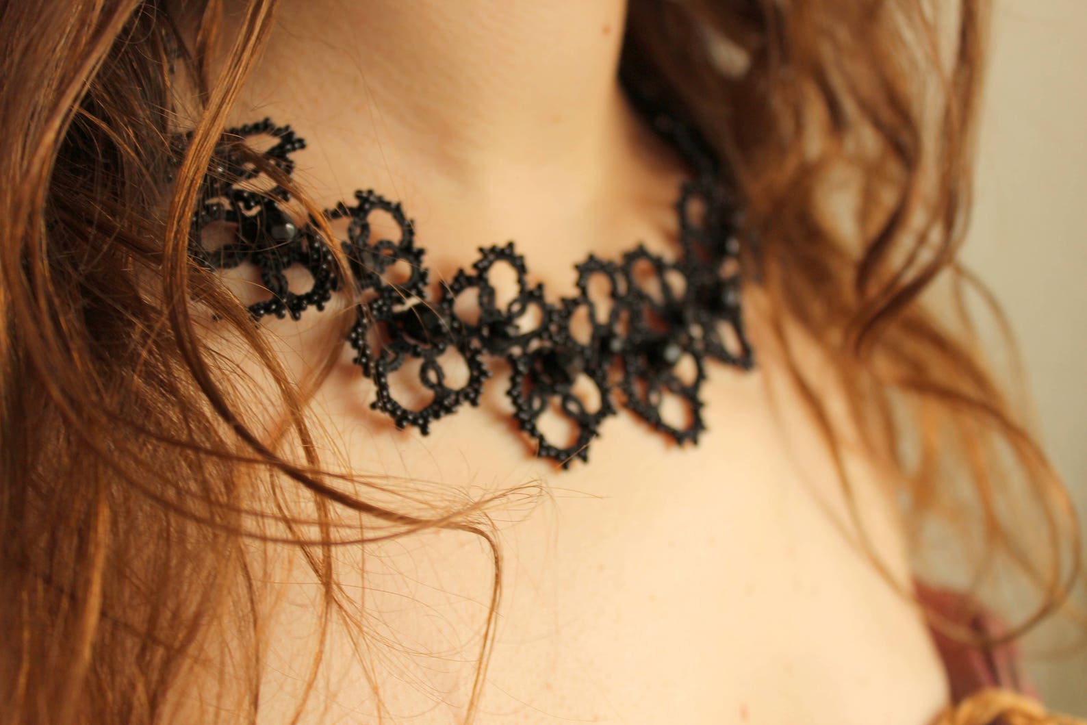 Black Lace Collar Filigree Necklace Tatting Beaded Openwork | Etsy