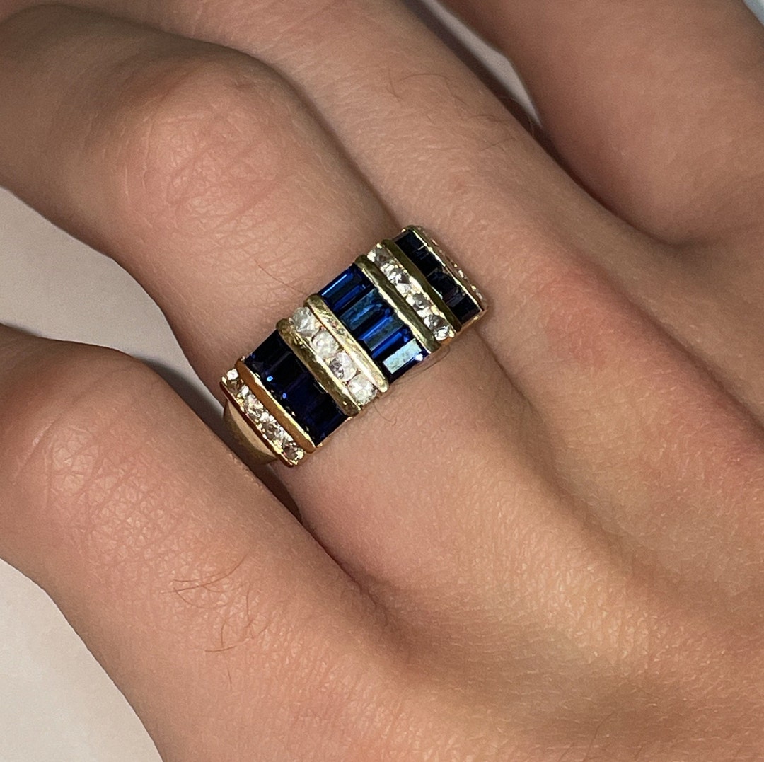 Solid Stamped 14K Yellow Gold Synthetic Blue Sapphire and Diamond Wide ...