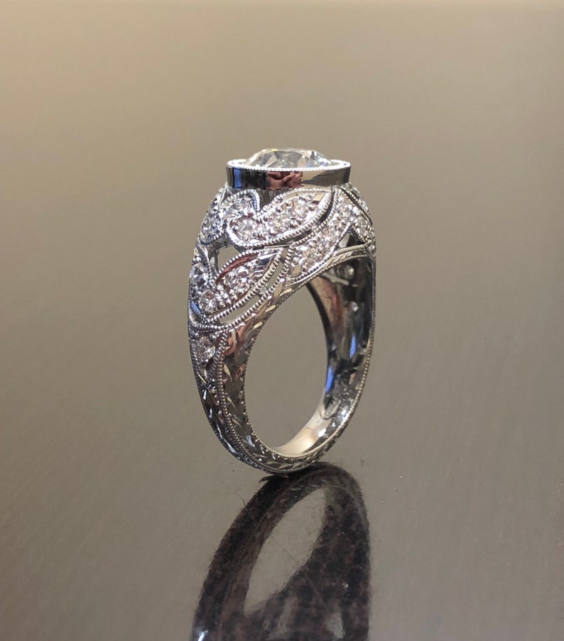 Platinum Engraved Diamond Engagement Ring Art Deco Platinum | Etsy