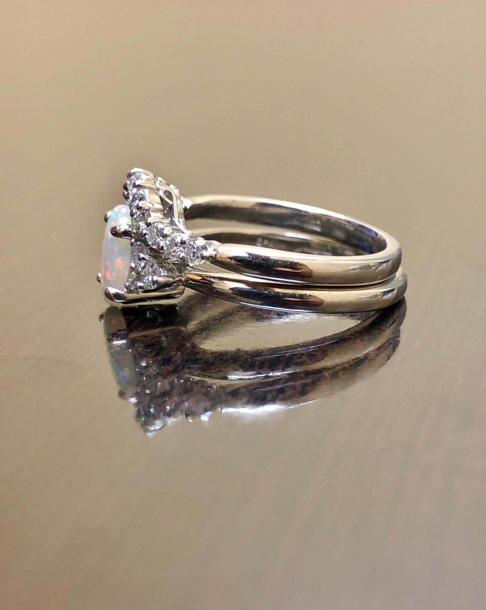 Art Deco Platinum Diamond Opal Engagement Ring Bridal Set - Australian ...