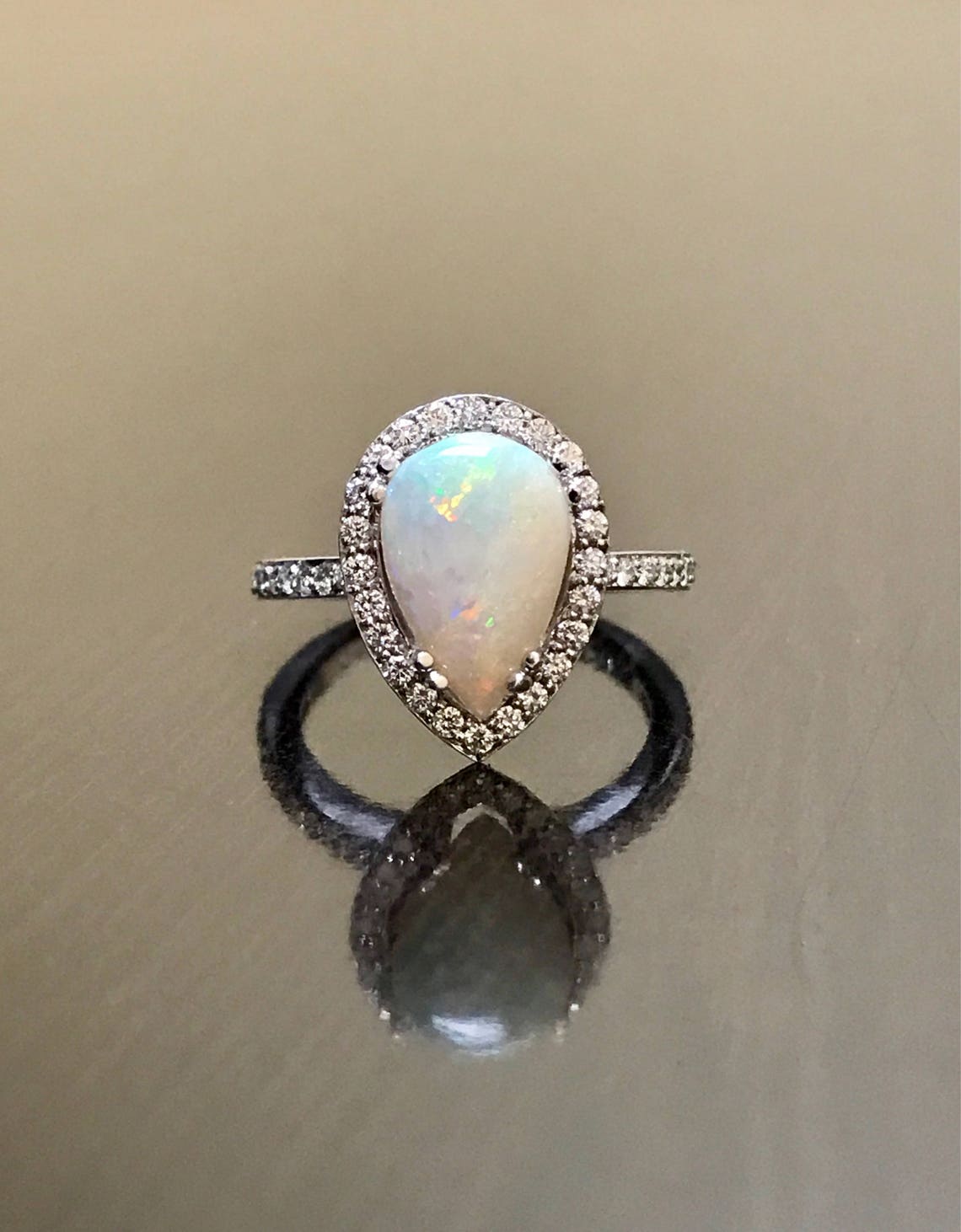 14K White Gold Opal Diamond Engagement Ring Art Deco Diamond | Etsy