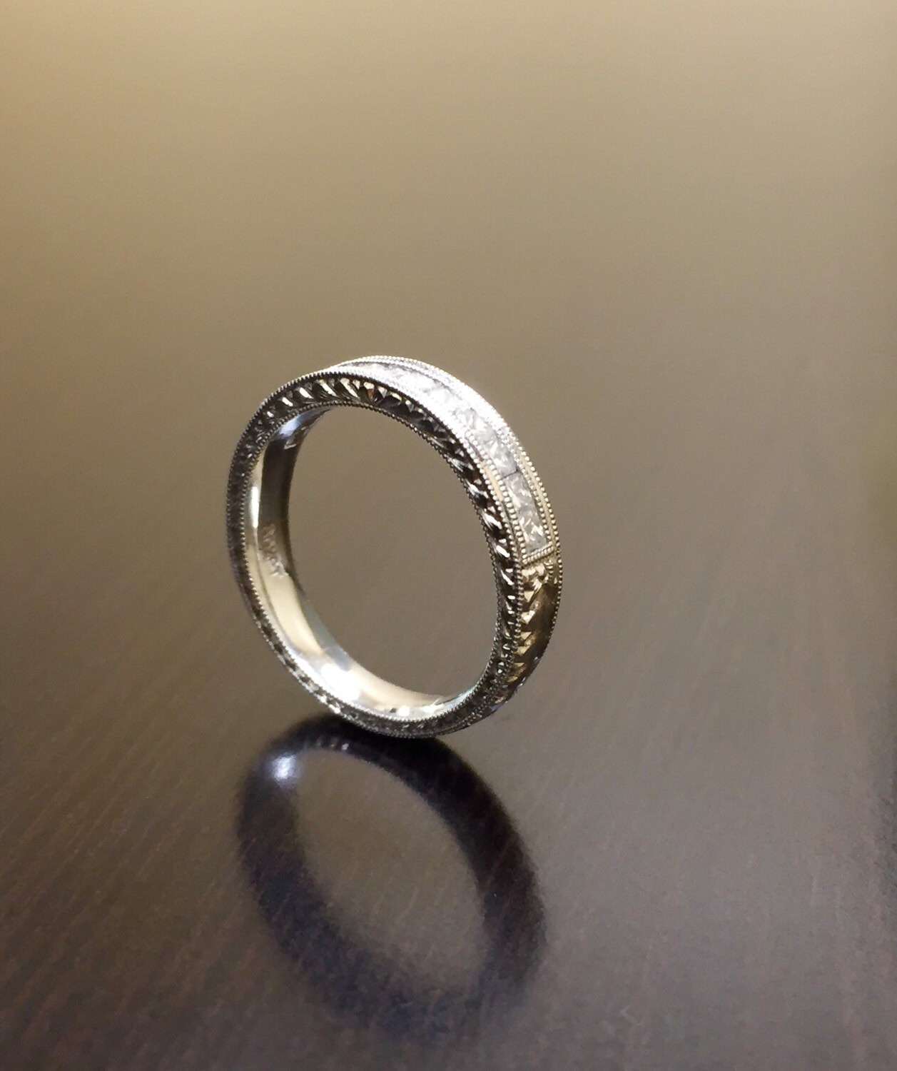 Platinum Diamond Engagement Band Art Deco Engraved Platinum | Etsy