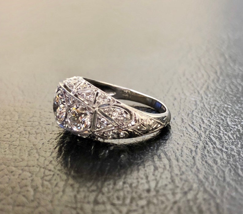 Antique Style Three Stone Diamond Hand Engraved Platinum Ring - Art ...