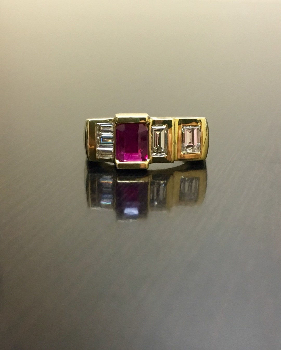 18K Yellow Gold Art Deco Diamond Ruby Engagement Ring - 18K Gold Art ...