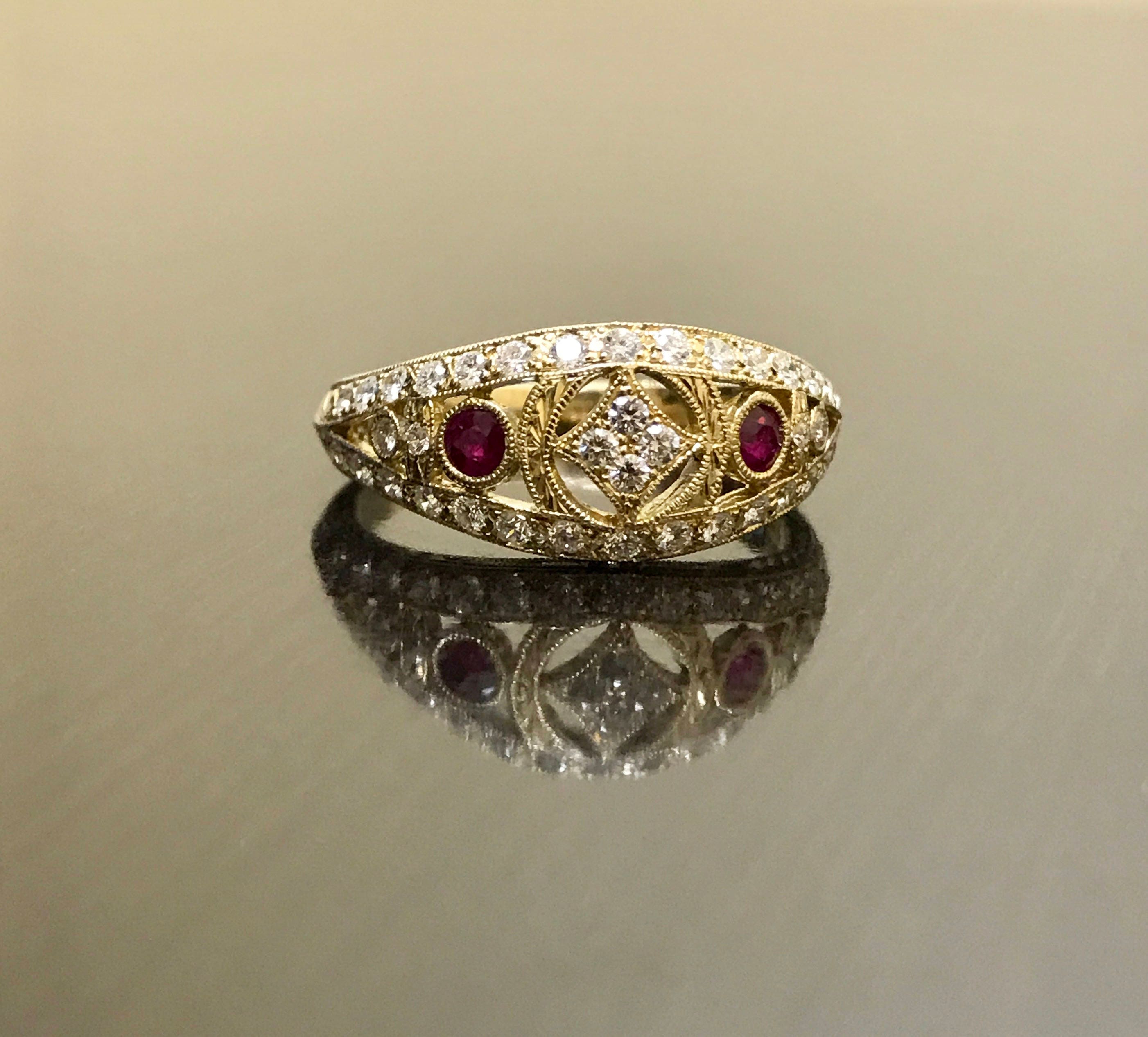18K Yellow Gold Art Deco Ruby Diamond Engagement Band Art | Etsy