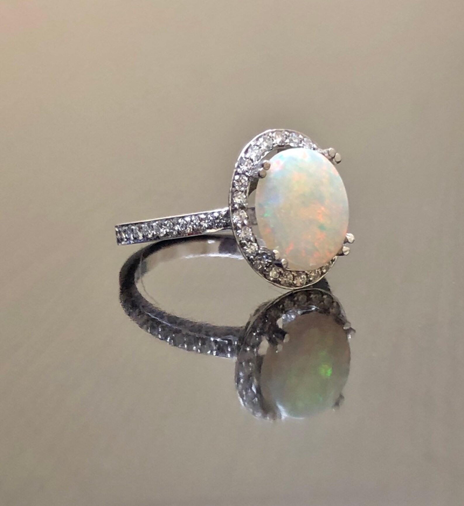 14K White Gold Halo Diamond Opal Engagement Ring White Gold - Etsy