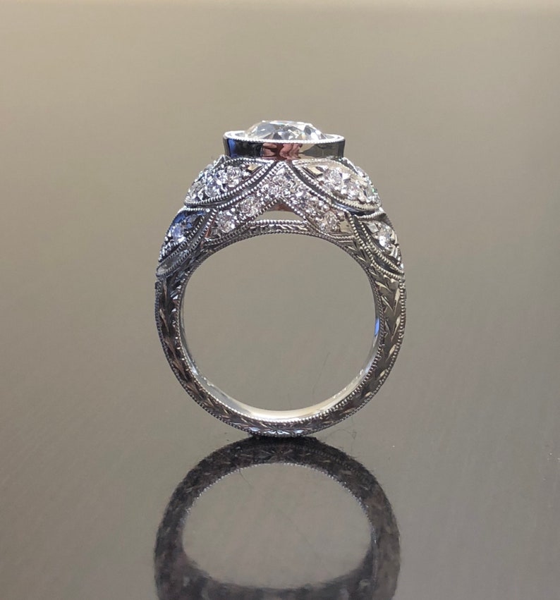Platinum Engraved Diamond Engagement Ring Art Deco Platinum | Etsy