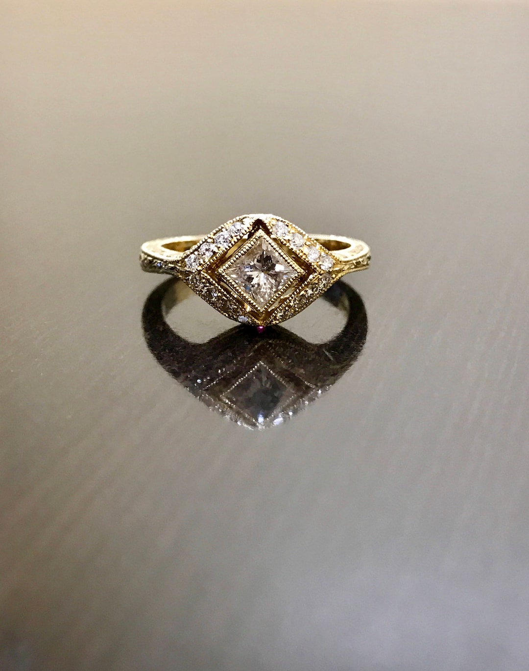 14K Yellow Gold Art Deco Princess Cut Diamond Engagement Ring - Art ...
