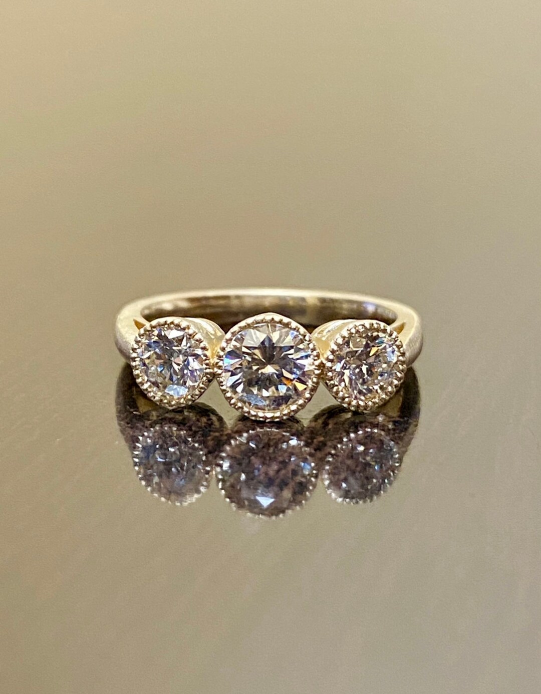 Art Deco 18K Yellow Gold Three Stone Diamond Engagement Ring - 18K Gold ...