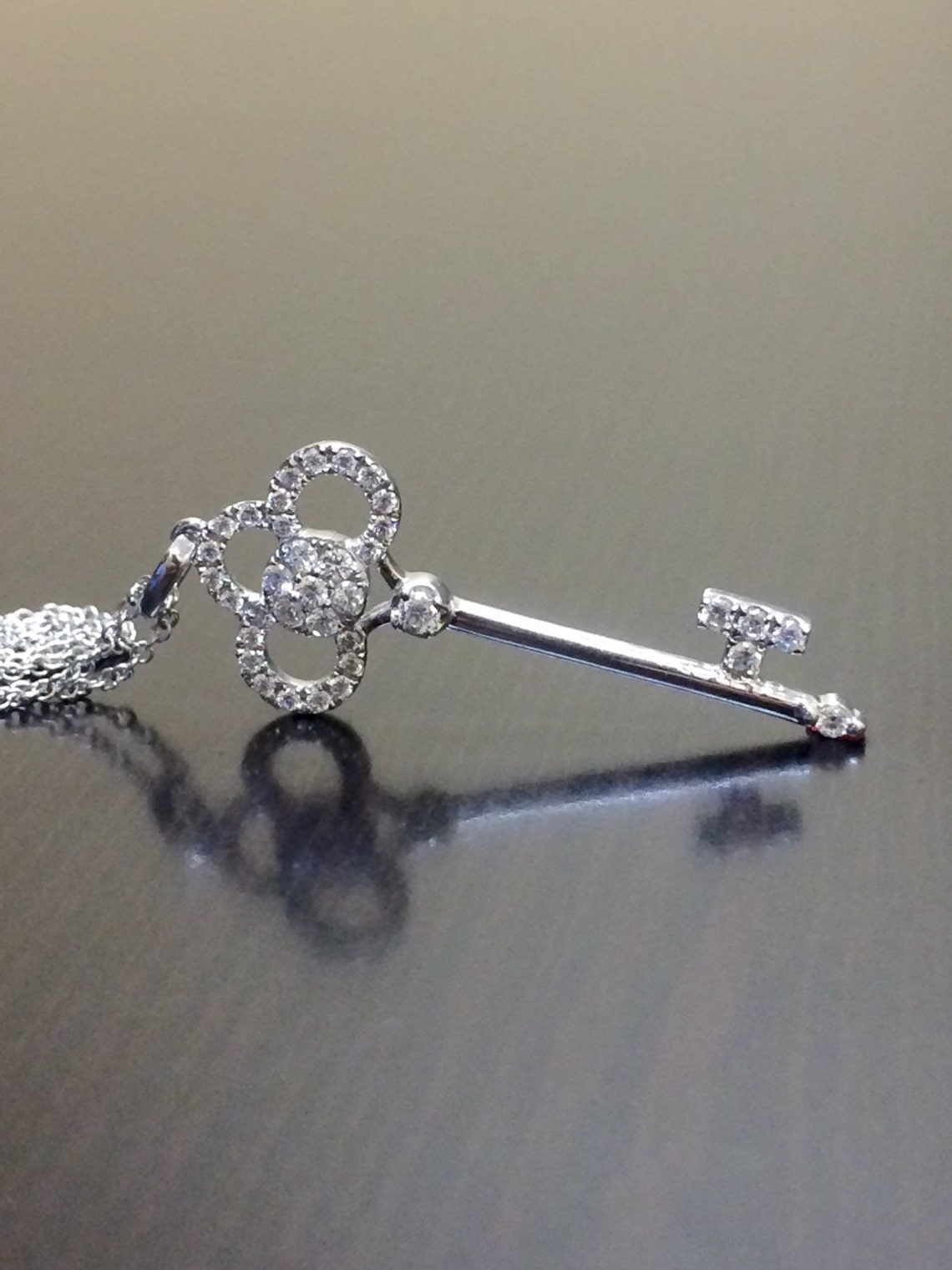 18K White Gold Diamond Key Necklace 18K Gold Diamond - Etsy