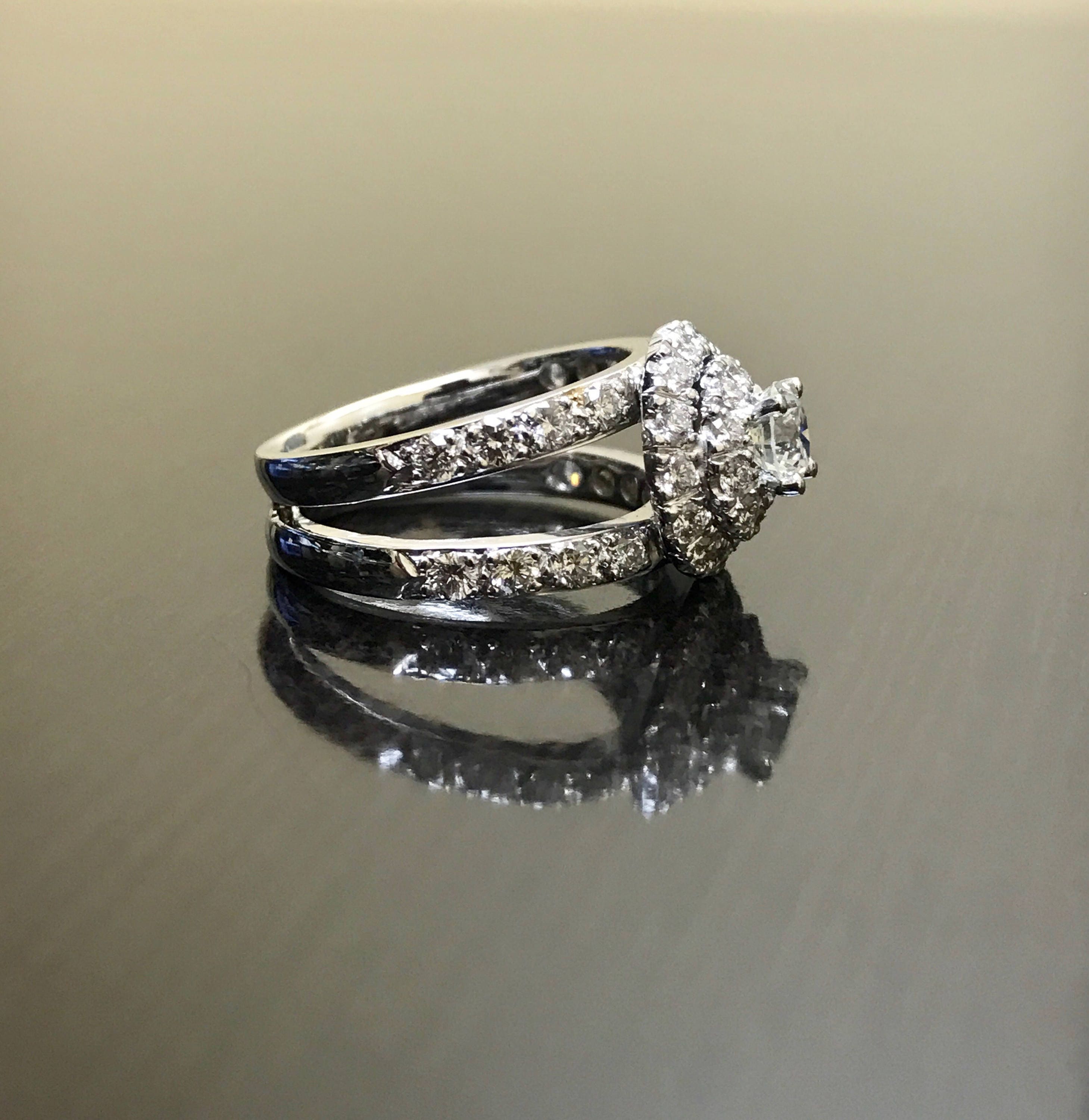18K White Gold Diamond Engagement Ring - 18K Gold Halo Diamond Wedding ...