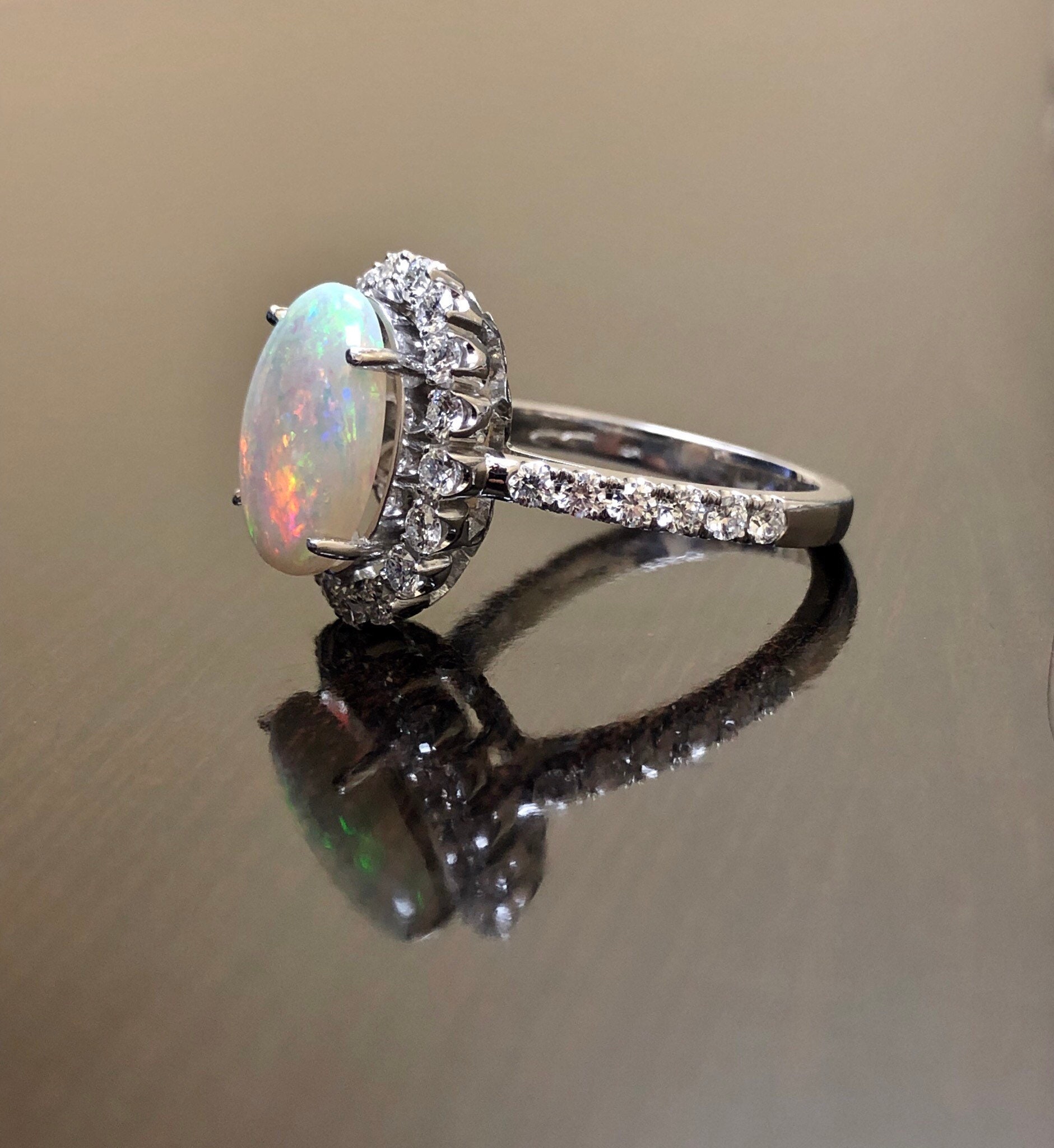 Oval Australian Opal Halo Diamond Engagement Ring 18K White | Etsy