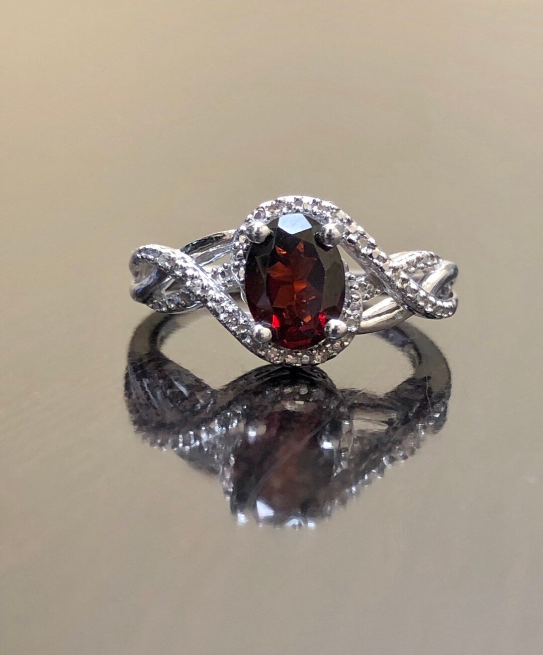 Sterling Silver Garnet Diamond Engagement Ring - Halo Diamond Garnet ...