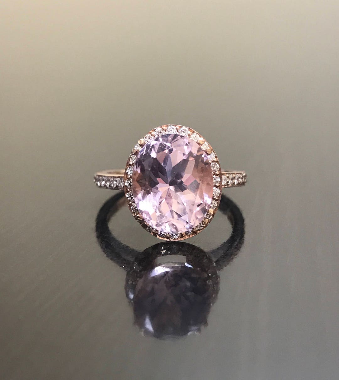 18K Rose Gold Diamond Kunzite Engagement Ring - Art Deco Rose Gold ...