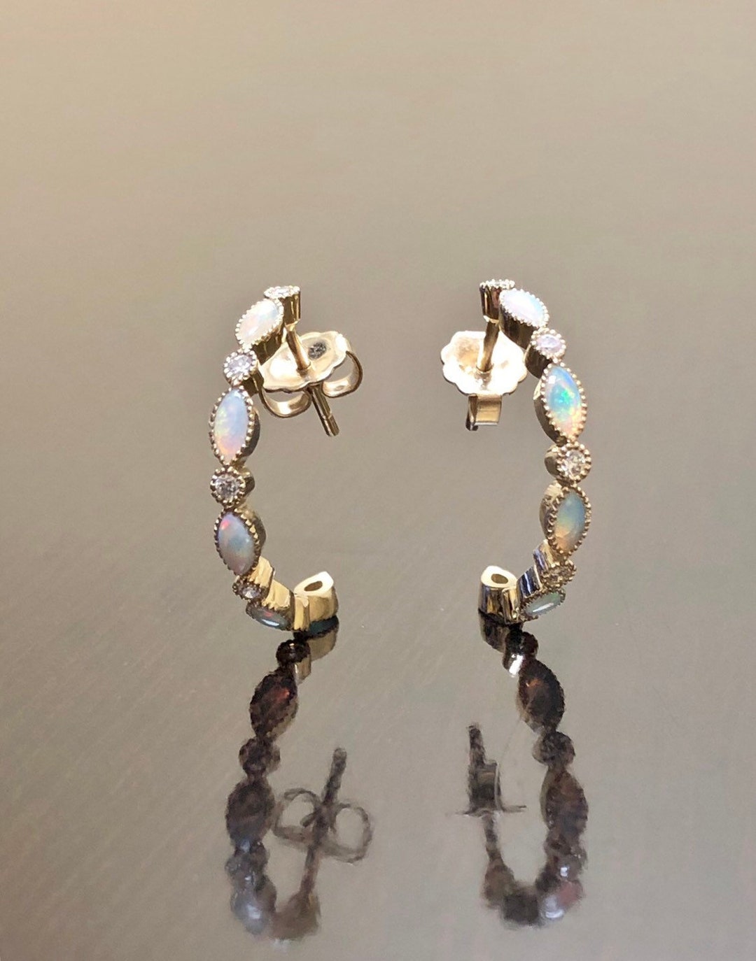 14K Yellow Gold Hoop Diamond Opal Earrings - 14K Gold Marquise Opal ...