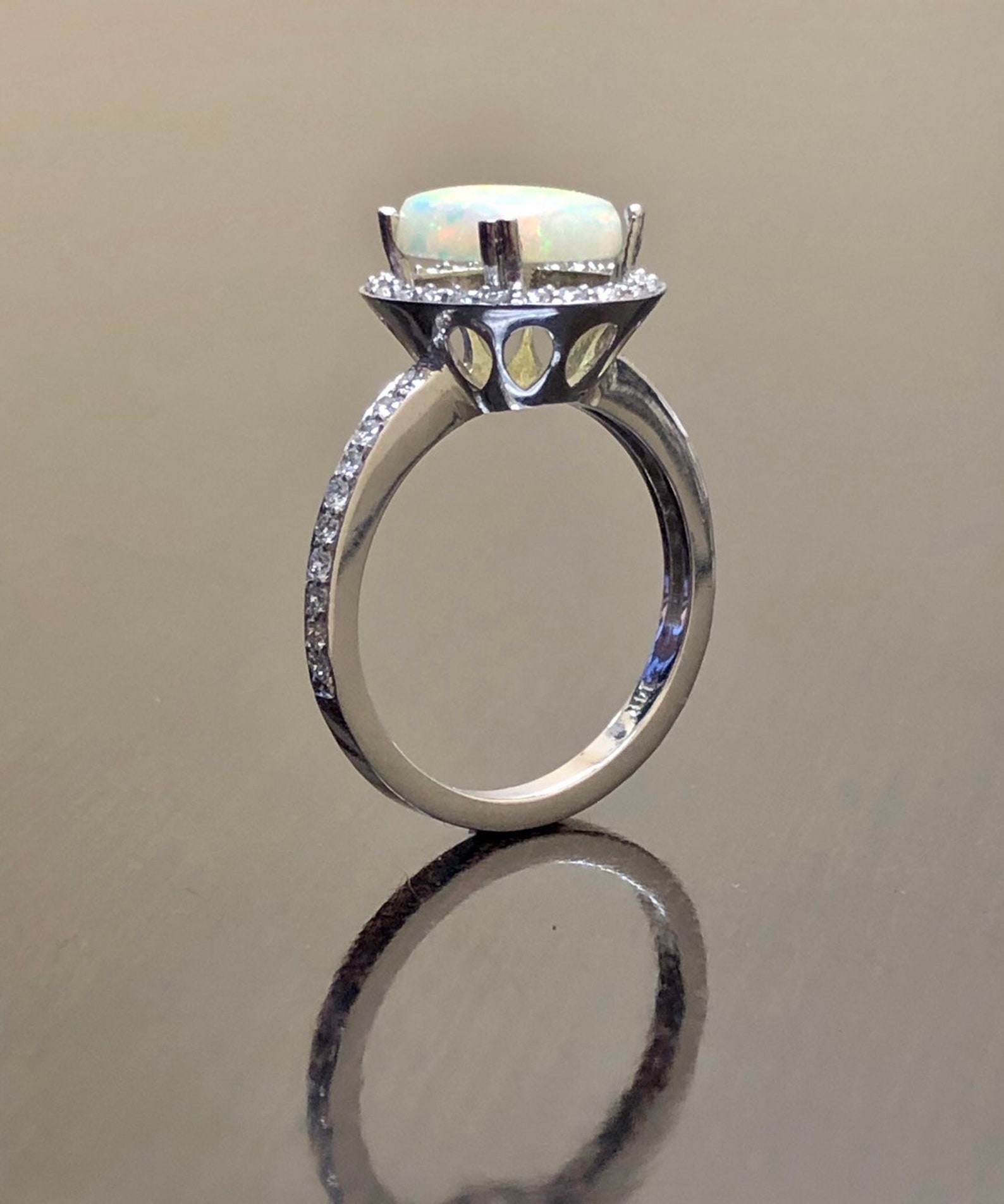 14K White Gold Halo Diamond Opal Engagement Ring White Gold - Etsy