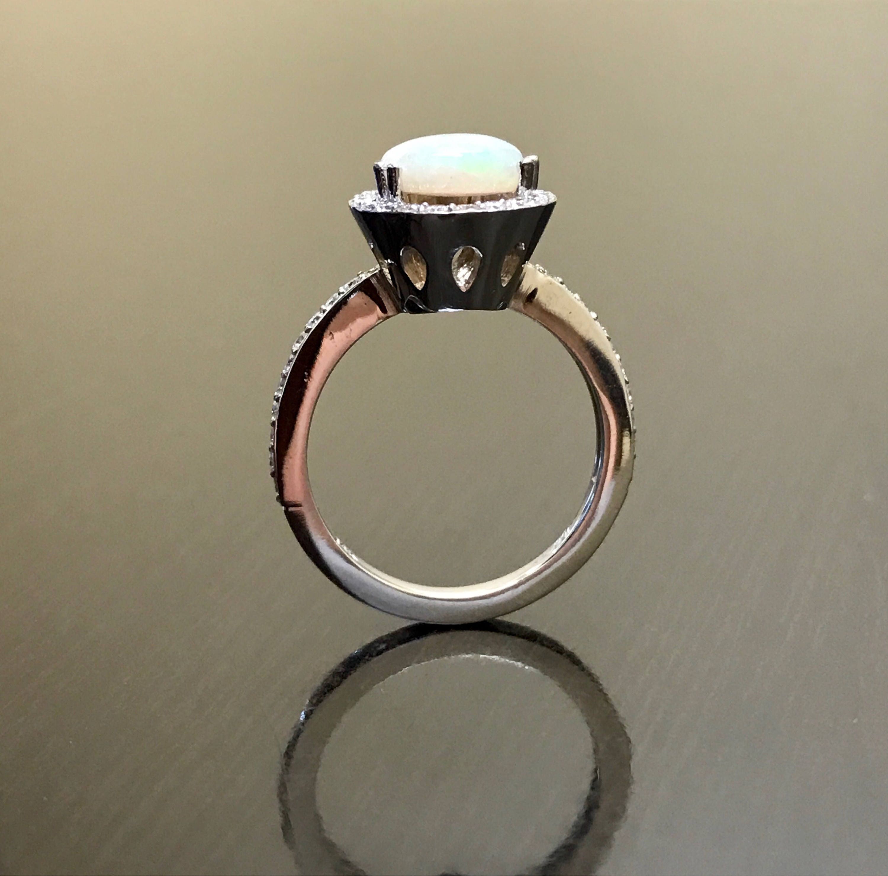 14K White Gold Opal Diamond Engagement Ring Art Deco Diamond | Etsy