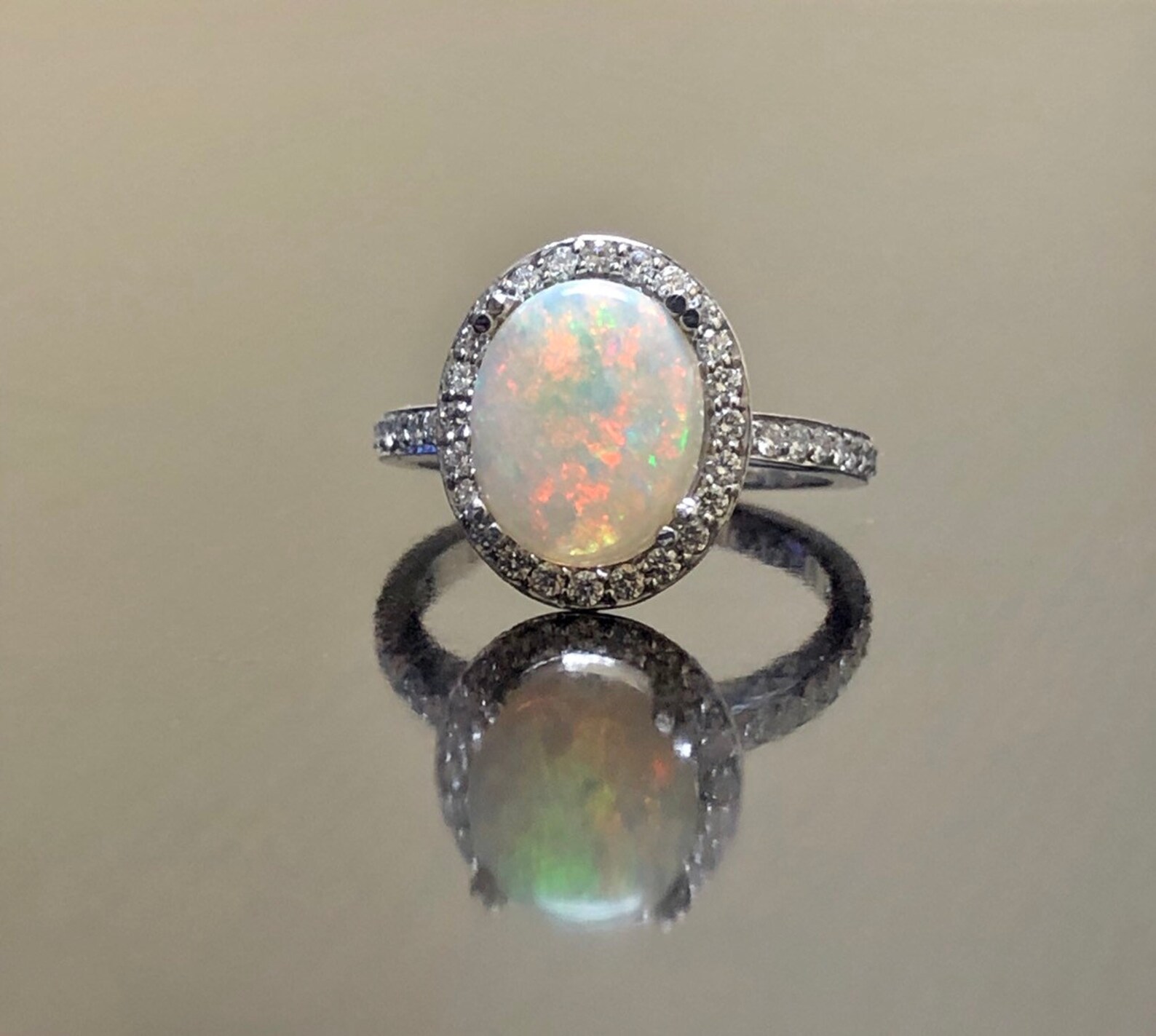 14K White Gold Halo Diamond Opal Engagement Ring White Gold - Etsy