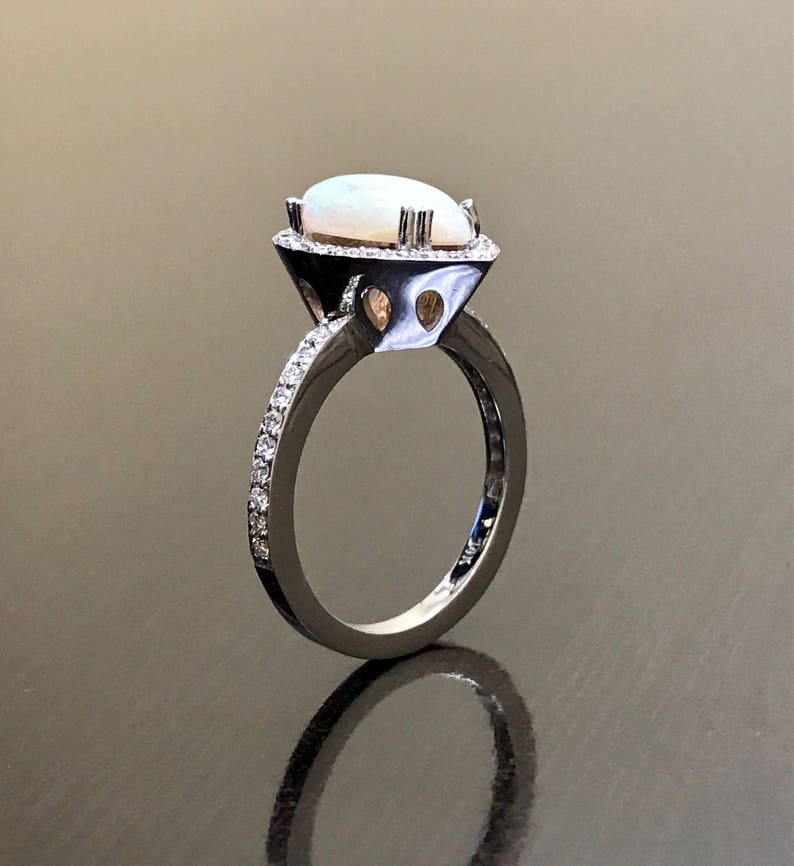 14K White Gold Opal Diamond Engagement Ring Art Deco Diamond | Etsy