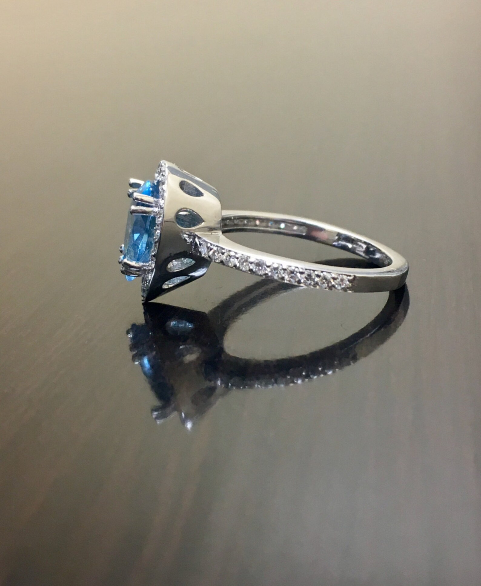18K White Gold Halo Diamond Blue Topaz Engagement Ring - Art Deco Blue ...