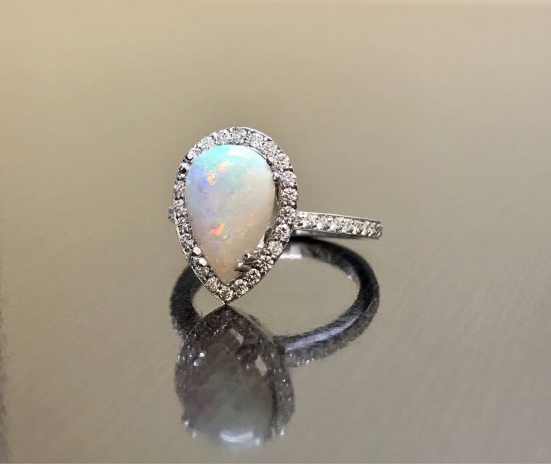 14K White Gold Opal Diamond Engagement Ring Art Deco Diamond | Etsy