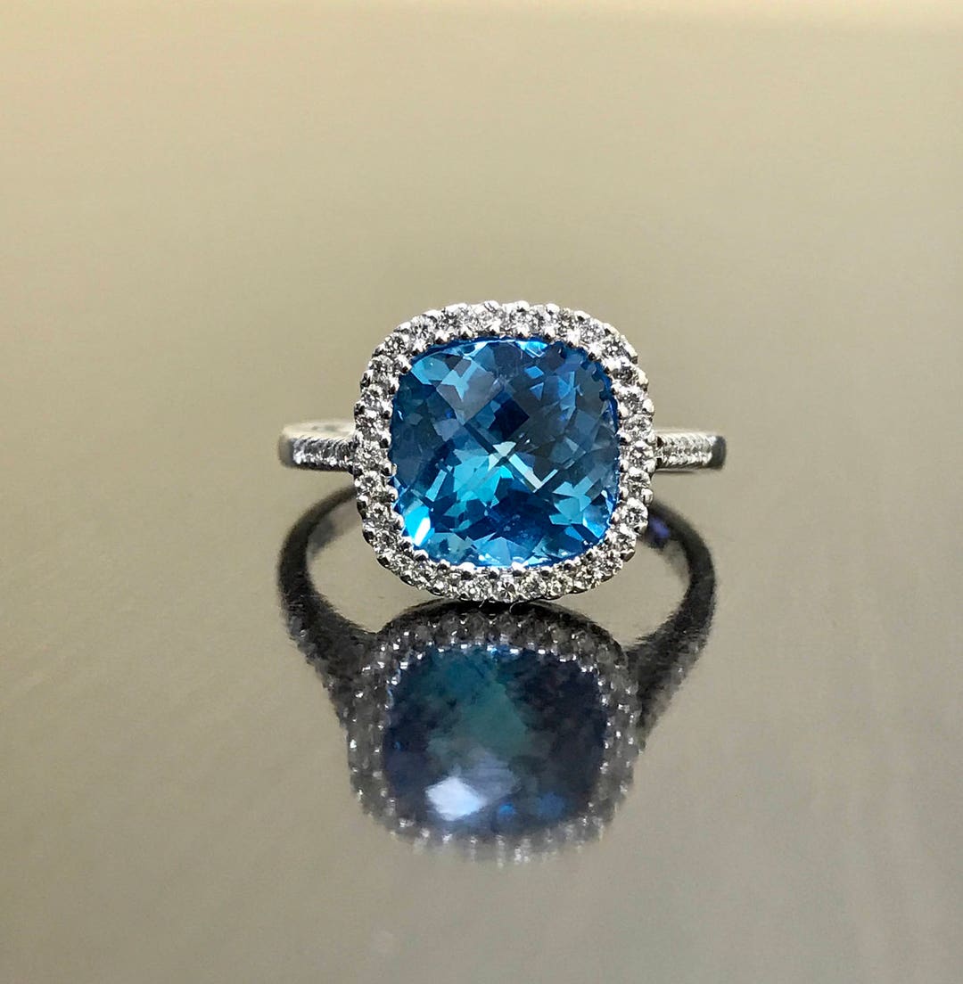 18K White Gold Blue Topaz Halo Diamond Engagement Ring - Art Deco 18K ...