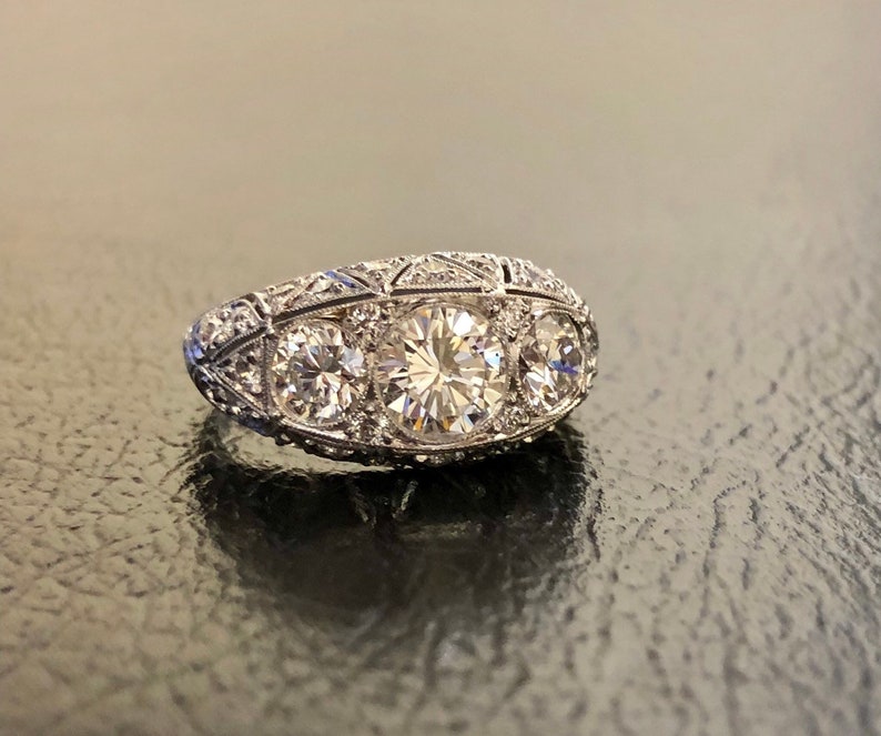 Antique Style Three Stone Diamond Hand Engraved Platinum Ring - Art ...