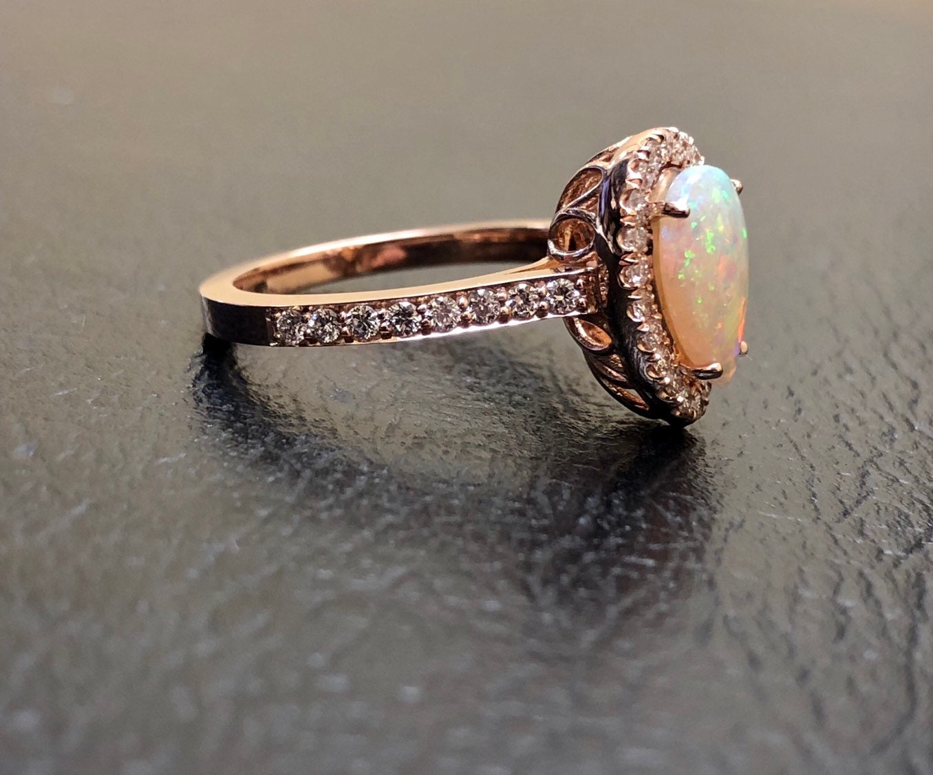 Art Deco Inspired Handmade Rose Gold Halo Diamond Pear Shape Opal ...