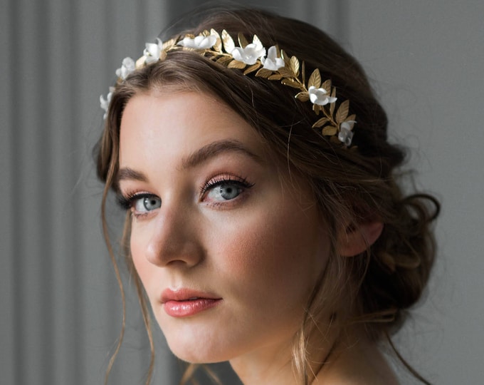 Goddess Flower Crown, Gold Crown, Bridal Flower Tiara, Bridal Leaf ...