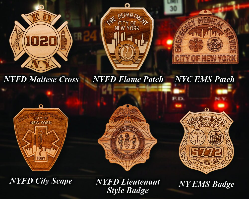 Personalized Wooden New York City Fire Department Badge and Patch Ornament
