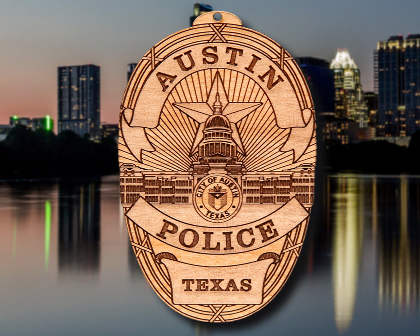 Hölzernes Austin TX Polizei Abzeichen oder Schulter Patch Ornament ...