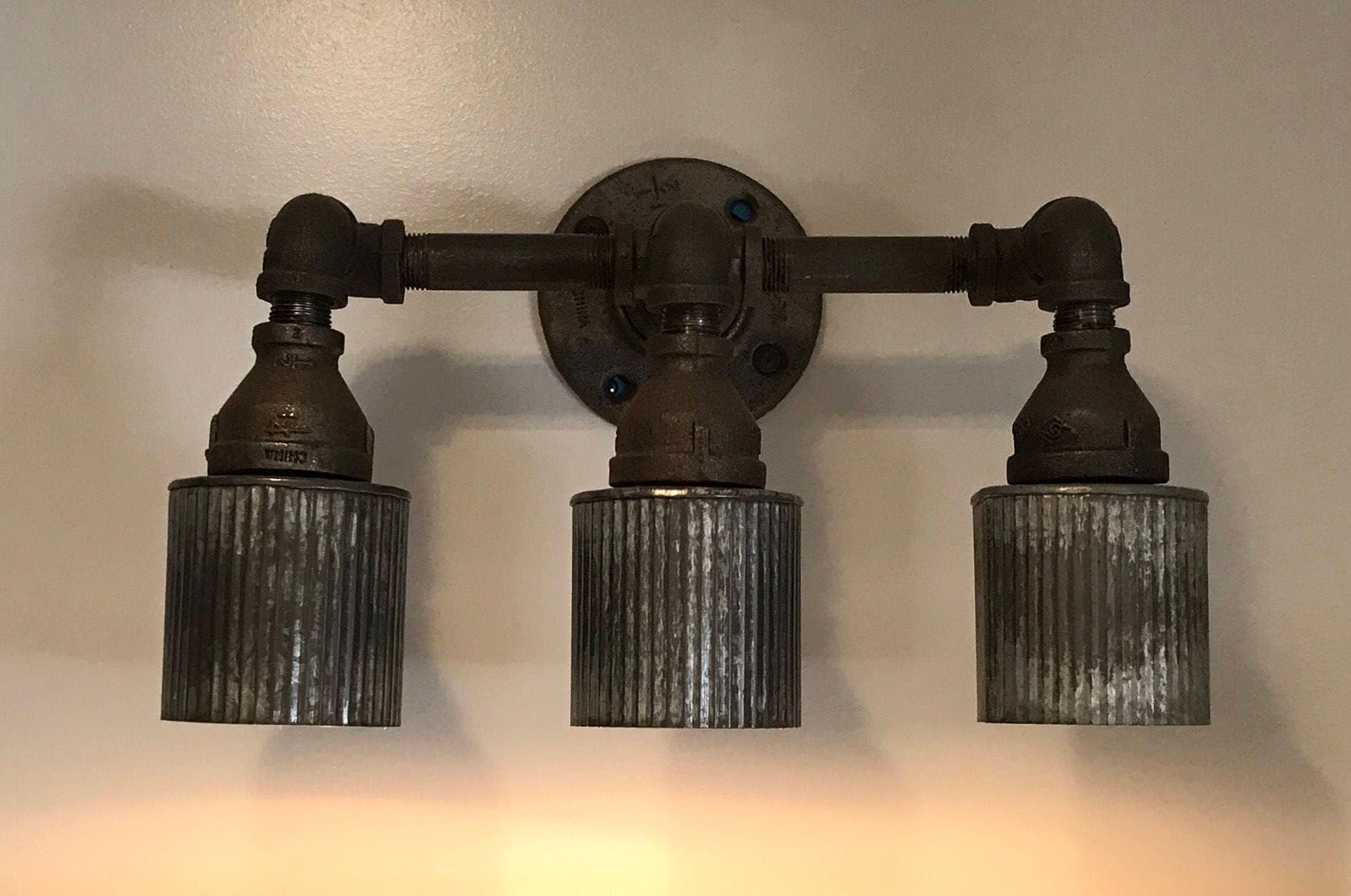 Iron Pipe Sconce With Corrugated Metal Shades - Etsy