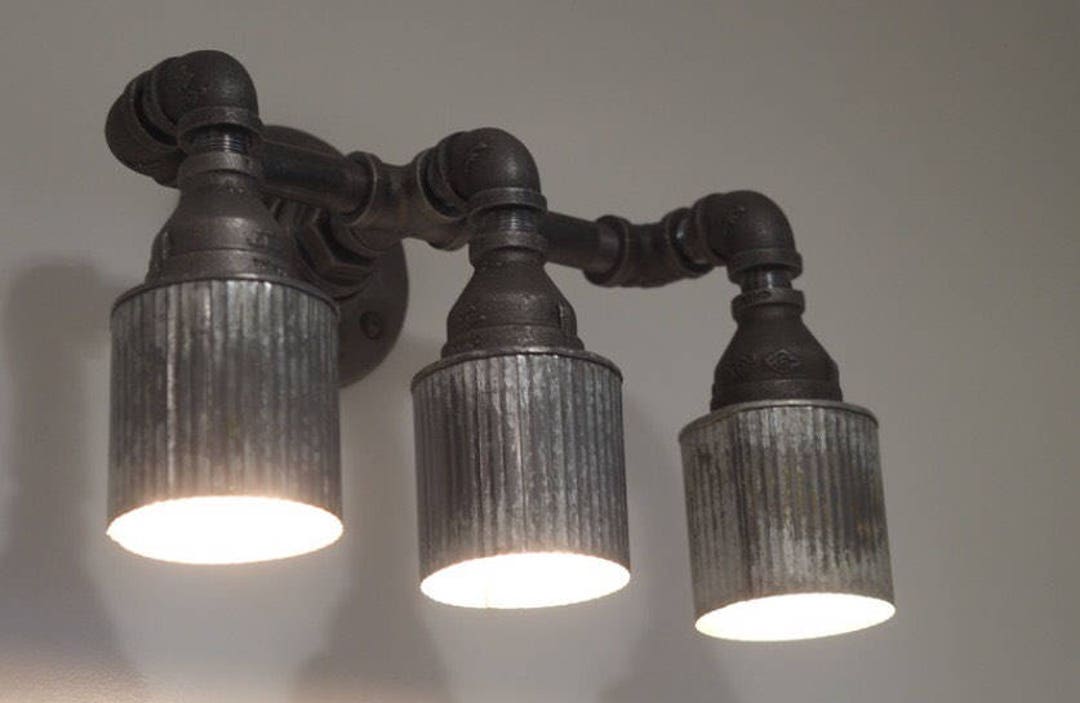 Iron Pipe Sconce With Corrugated Metal Shades - Etsy