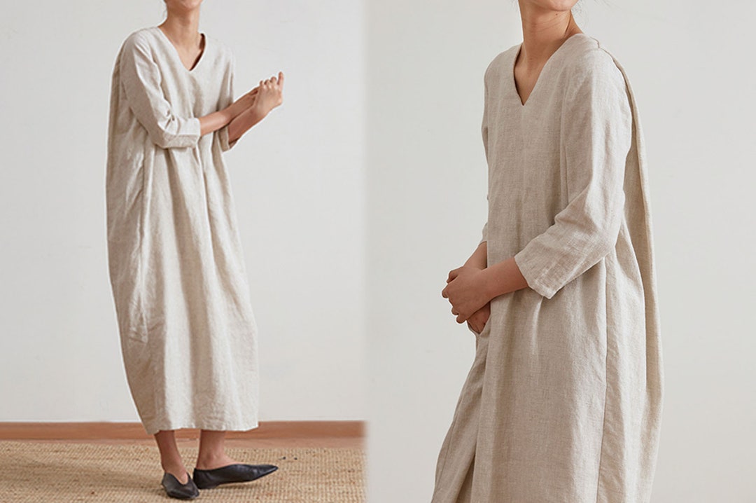 C009---french Flax Linen V-neckline Cocoon Tunic Dress, Long Due ...
